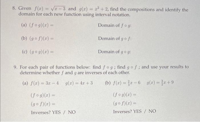 Solved 8. Given f(x)=x−3 and g(x)=x2+2, find the | Chegg.com