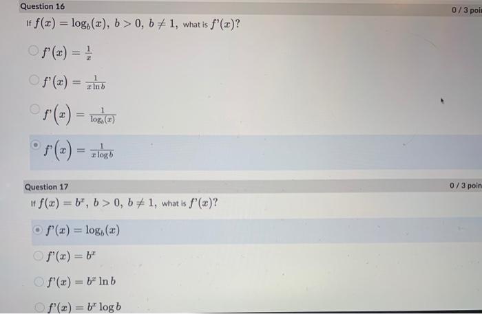 Solved If f(x)=logb(x),b>0,b =1, what is f′(x) ? f′(x)=x1 | Chegg.com