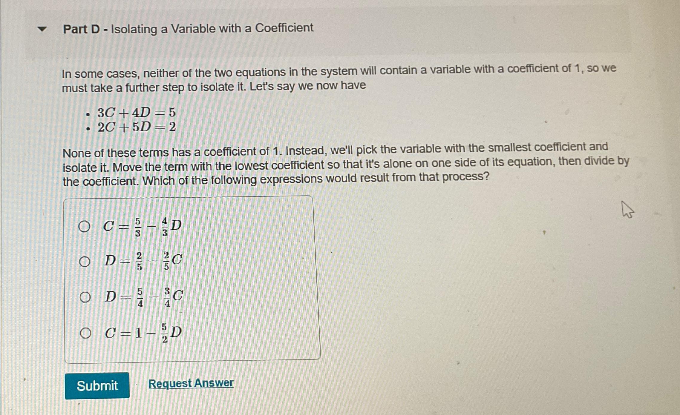 Solved Part D - ﻿Isolating a Variable with a CoefficientIn | Chegg.com