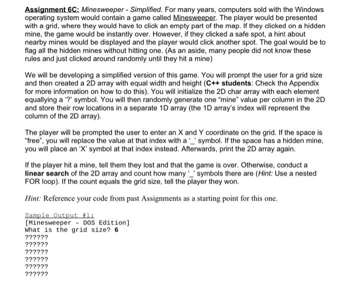 Solved Assignment 6C: Minesweeper - Simplified. For many | Chegg.com