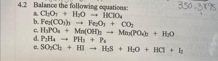 Solved 2 Balance the following equations: a. Cl2O7+H2O→HClO4 | Chegg.com