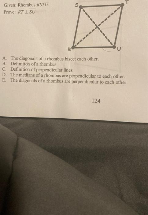 Solved Given: Rhombus RSTU Prove: RT⊥SU A. The diagonals of | Chegg.com