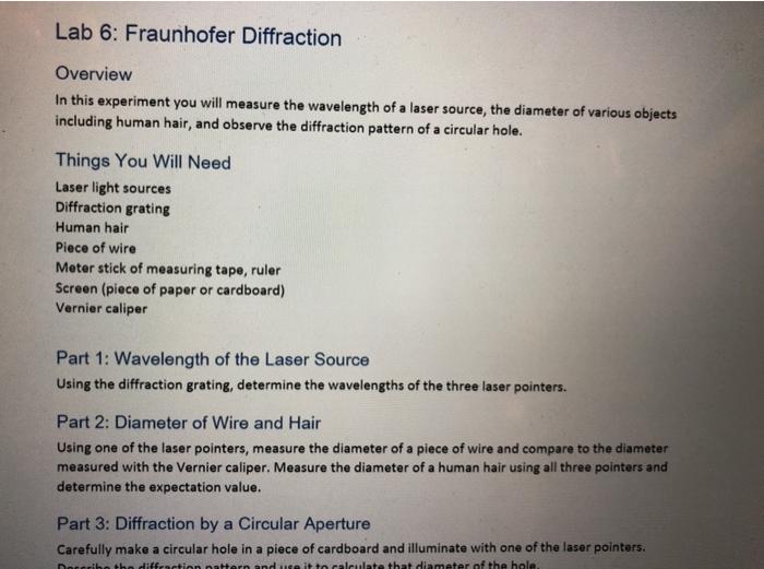 Lab 6: Fraunhofer Diffraction Overview In this | Chegg.com