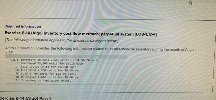 Solved Required information Exercise 8-14 (Algo) Inventory | Chegg.com
