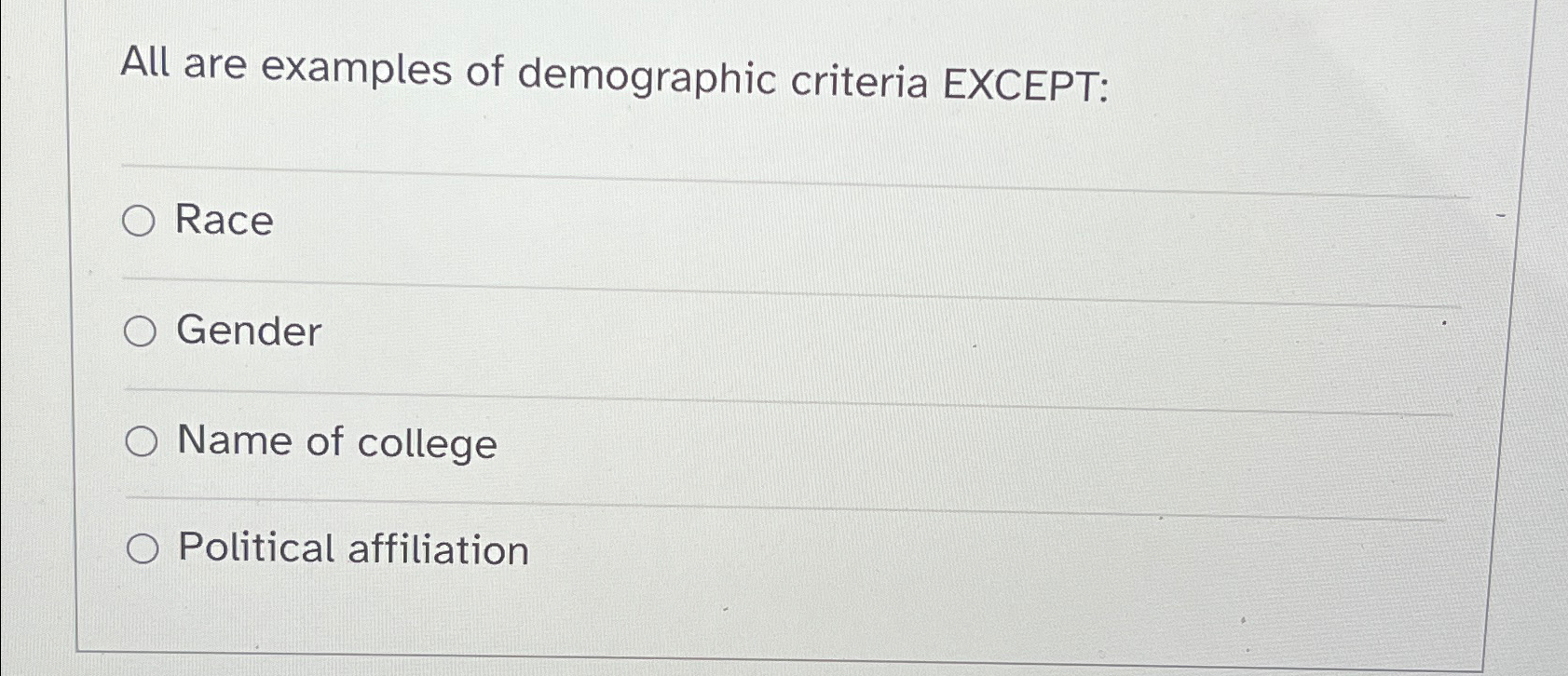 Solved All are examples of demographic criteria | Chegg.com