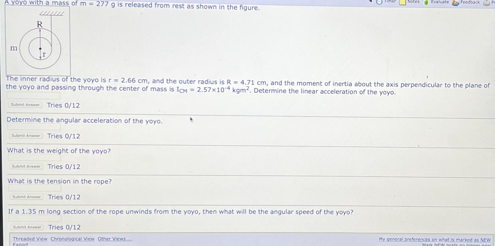 Solved A yoyo with a mass of m=277g ﻿is released from rest | Chegg.com