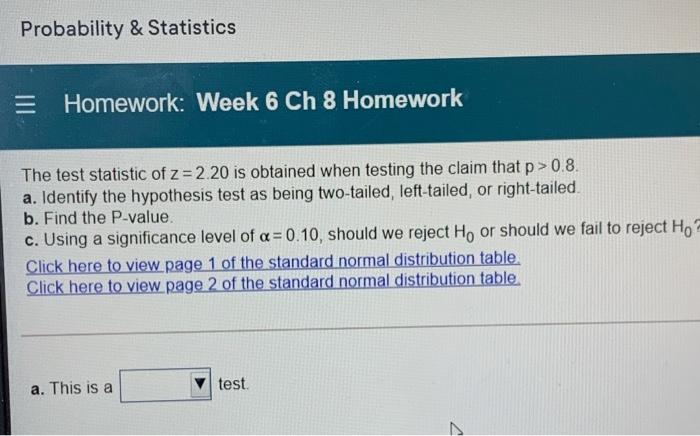 Solved Probability & Statistics = Homework: Week 6 Ch 8 | Chegg.com