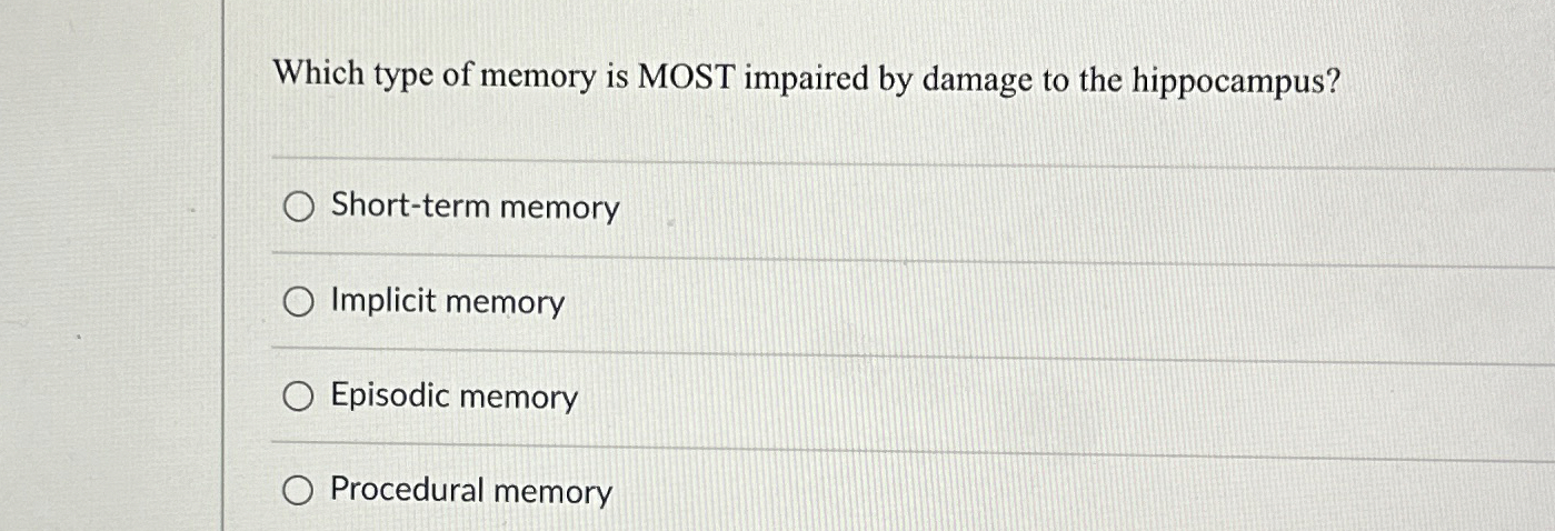 Solved Which type of memory is MOST impaired by damage to | Chegg.com