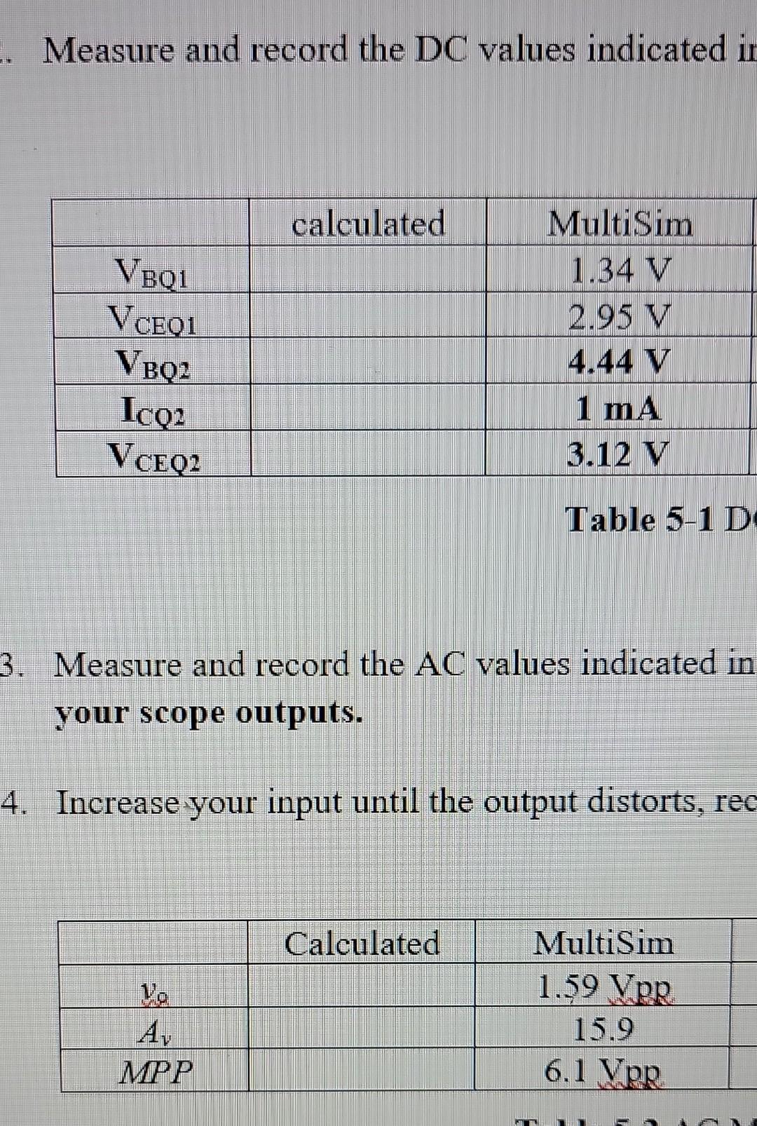 Measure and record the DC values indicated i Table | Chegg.com