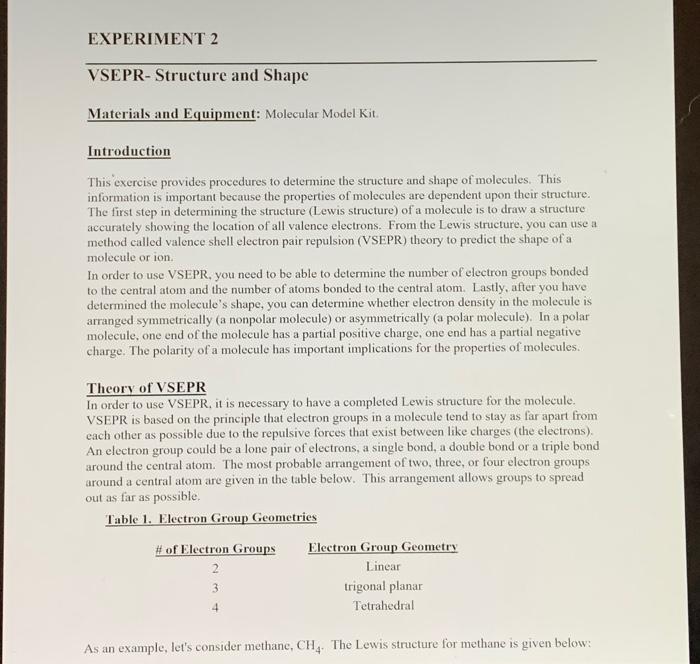 Student Kit Materials: Lab Kit:EXPERIMENT 2 VSEPR- | Chegg.com