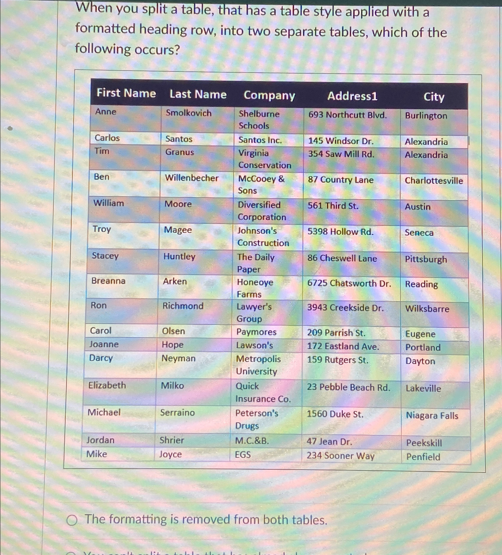 Solved When you split a table, that has a table style | Chegg.com