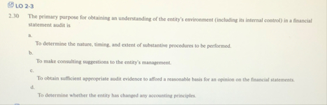 Solved LO 2-32.30 ﻿The primary purpose for obtaining an | Chegg.com