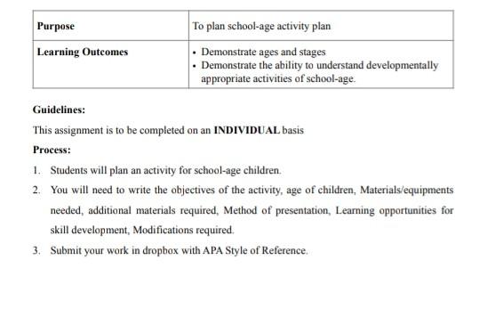 Purpose Learning Outcomes To plan school-age activity | Chegg.com