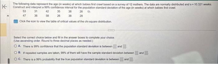 Solved The following data represent the age (in woeks) at | Chegg.com
