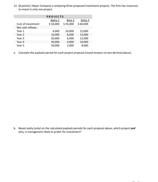 Solved 12. (8 points) J Bayer Company is analyzing three | Chegg.com