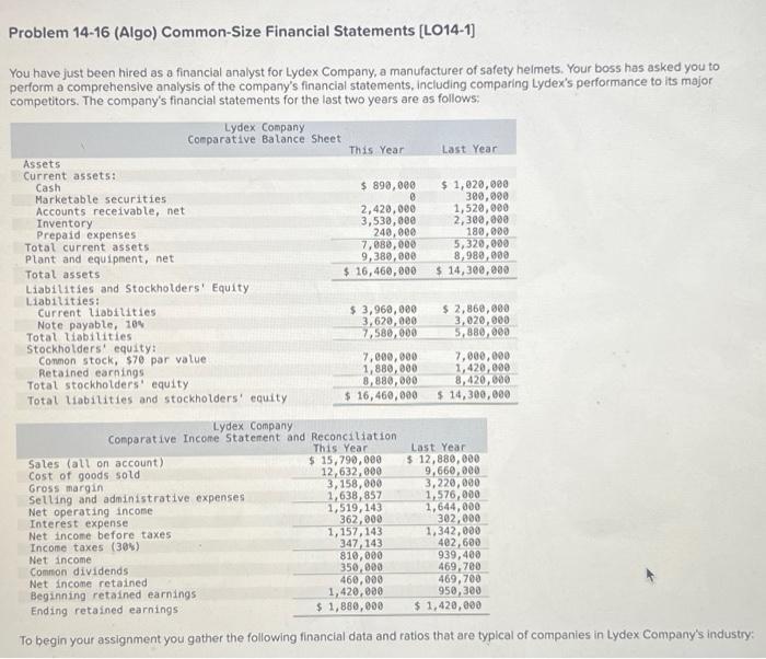 Solved Problem 14-16 (Algo) Common-Size Financial Statements | Chegg.com
