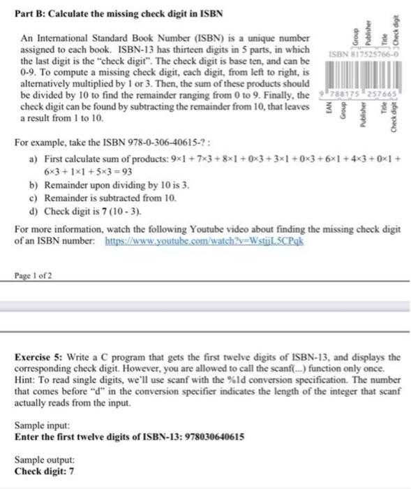 Solved Part B: Calculate the missing check digit in ISBN | Chegg.com