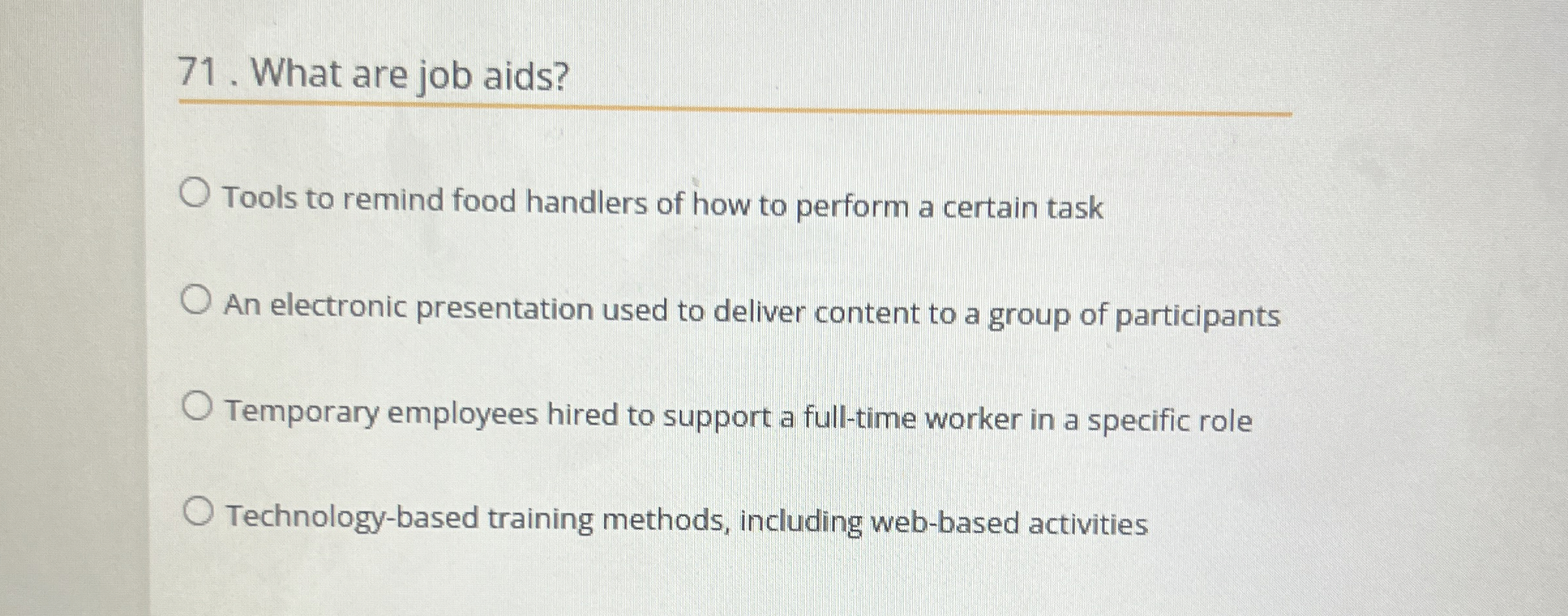 Solved What are job aids?Tools to remind food handlers of | Chegg.com