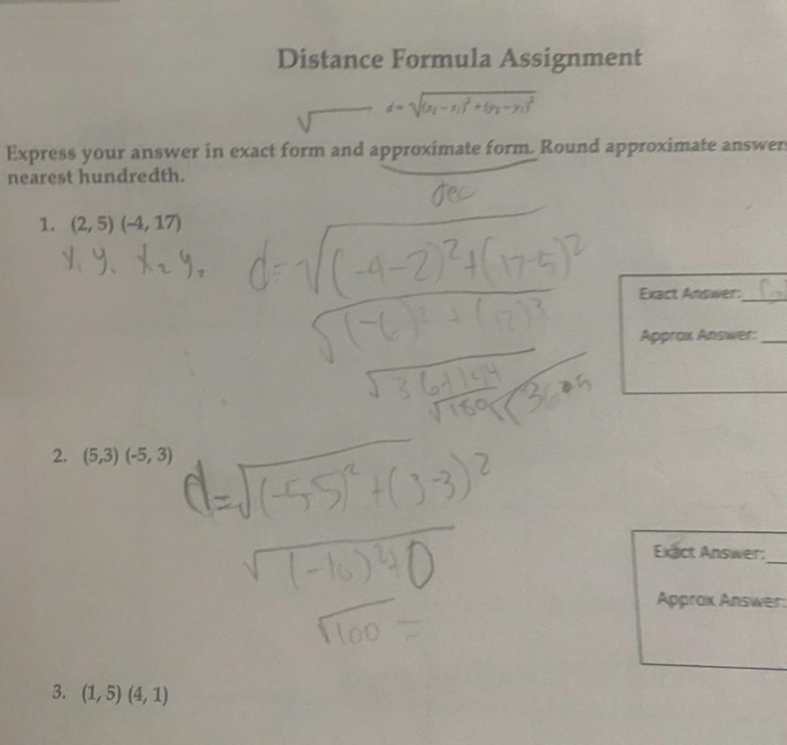 Solved Distance Formula Assignment d−(x1−x1)2+(x1−x1)2 | Chegg.com