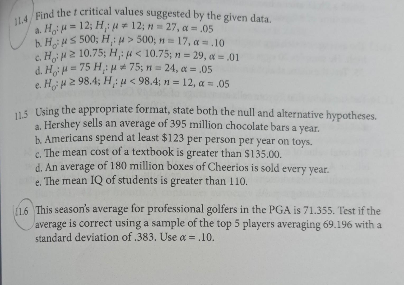 Solved 11.4 Find the t critical values suggested by the | Chegg.com