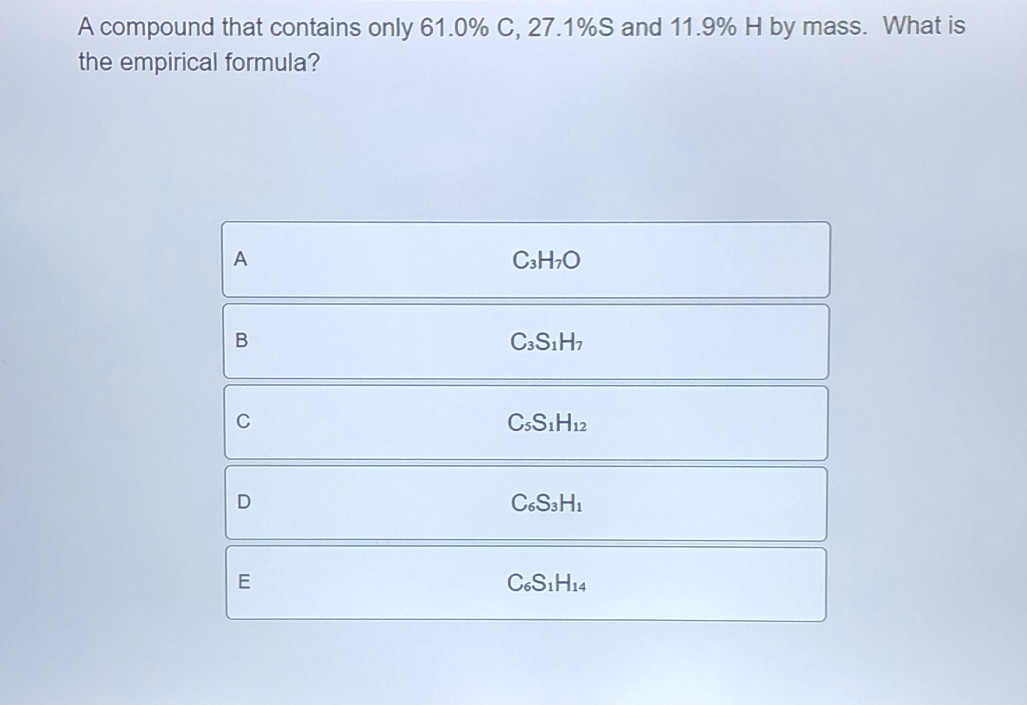 Solved A compound that contains only 61.0%C,27.1%S ﻿and | Chegg.com