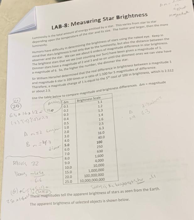 LAB-8: Measuring Star Brightness Luminosity is the | Chegg.com