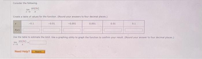 Solved Consider the following. limx→0xsin(4x) Create a tabie | Chegg.com