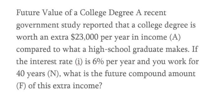 Future Value of a College Degree A recent government | Chegg.com