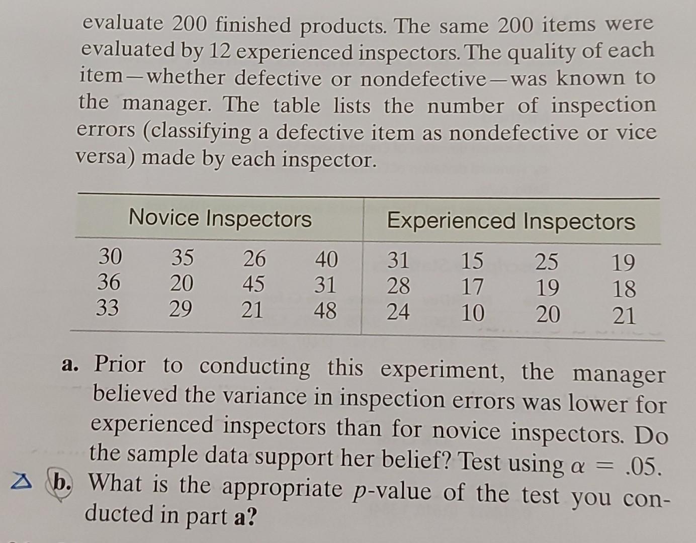Solved Analyzing human inspection errors. Tests of product | Chegg.com