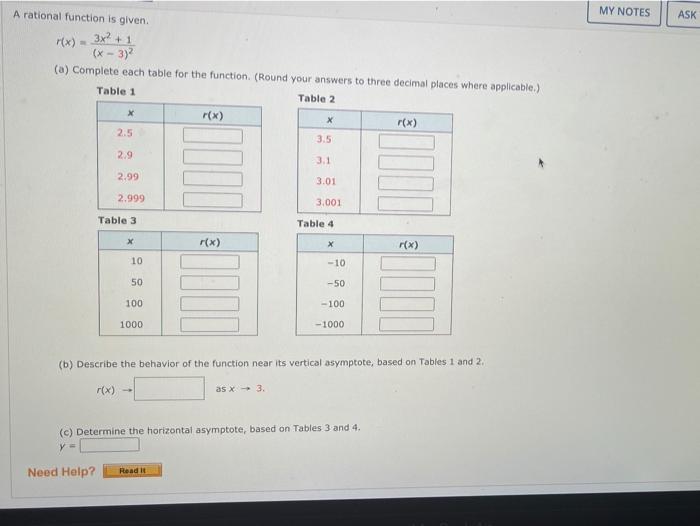 Solved MY NOTES ASK A rational function is given 3x? +1 (x - | Chegg.com