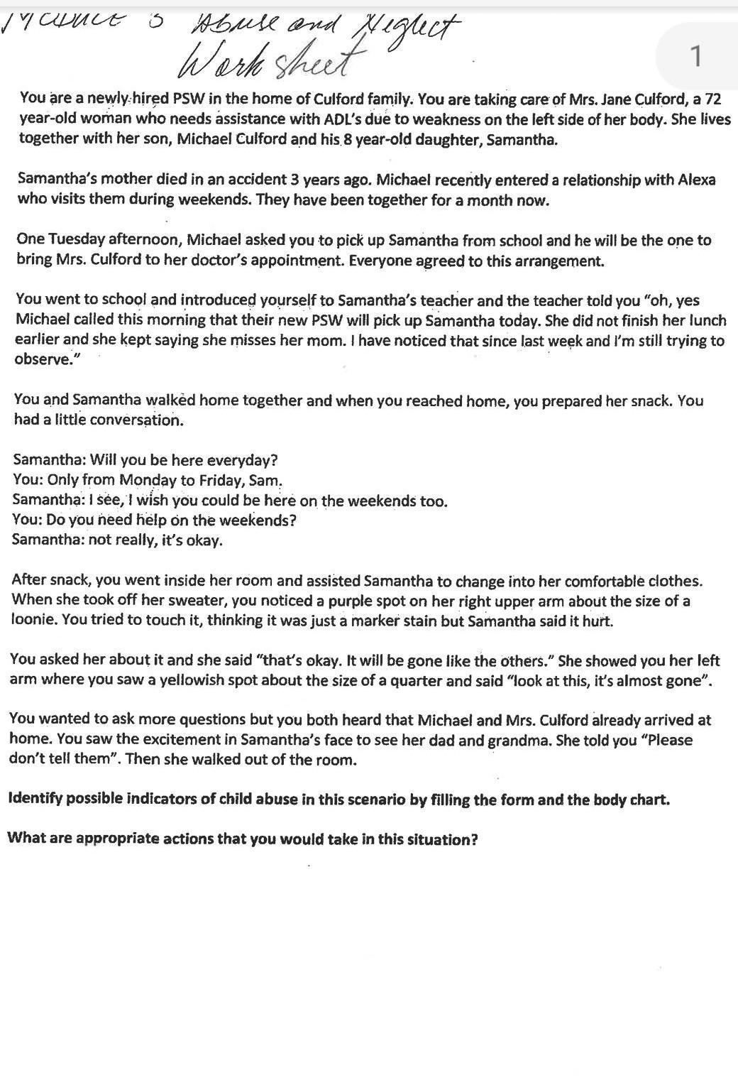 Solved vyuct is Abuse and Neglect Worksheet 1 You are a | Chegg.com