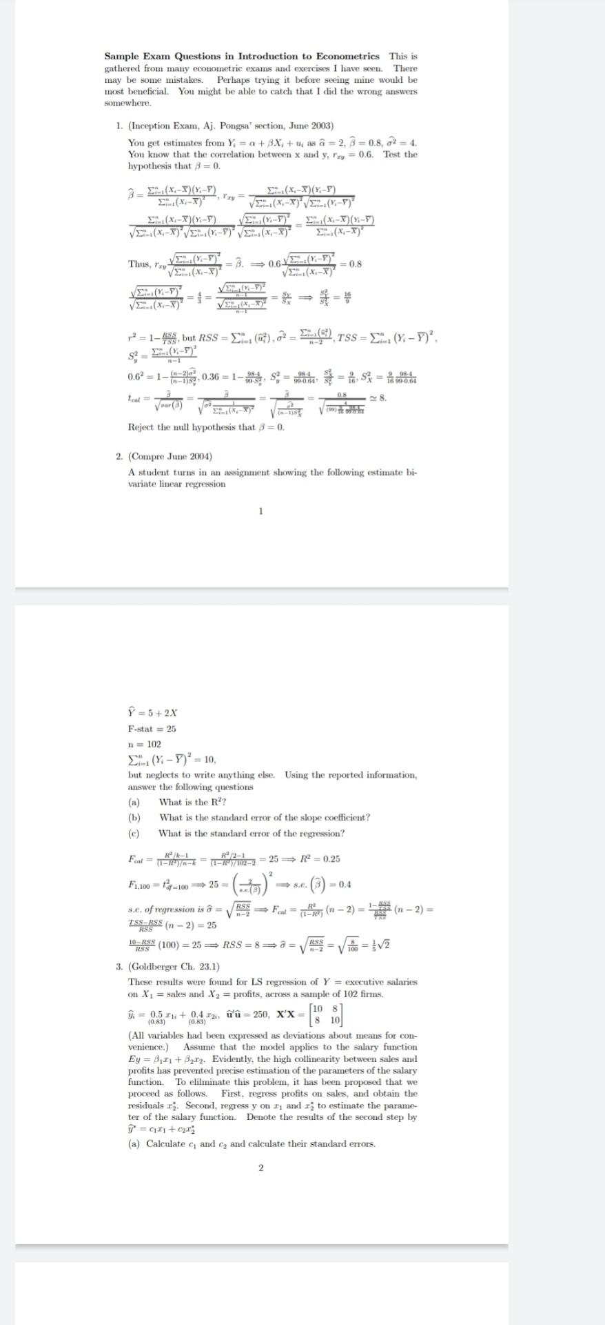 Solved Sample Exam Questions in Introduction to Econometrics | Chegg.com