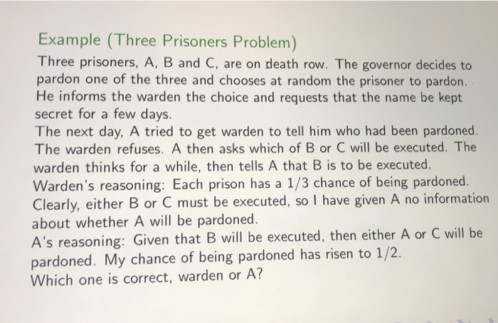Solved Example (Three Prisoners Problem) Three prisoners, A, | Chegg.com