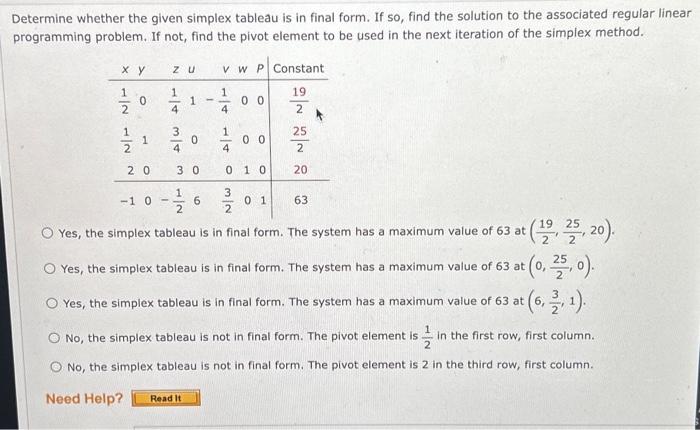Solved Determine whether the given simplex tableau is in | Chegg.com