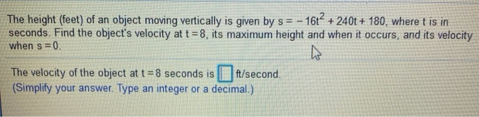 Solved The height (feet) of an object moving vertically is | Chegg.com