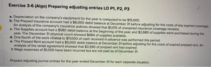 Solved Exercise 3-6 (Algo) Preparing adjusting entries LO | Chegg.com