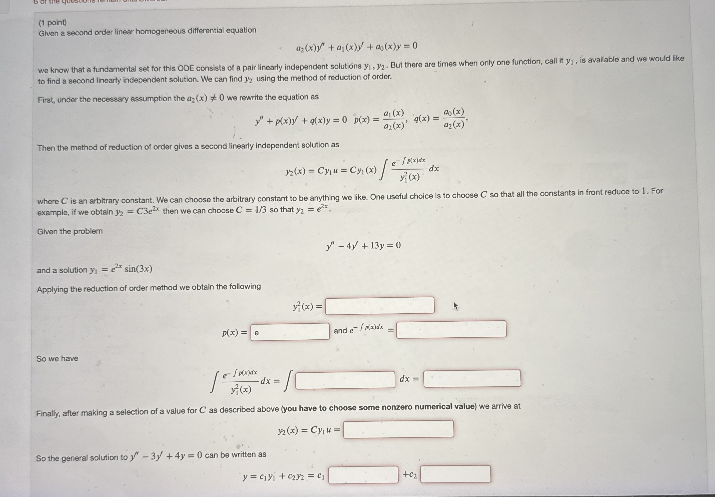 Solved (1 ﻿point)Given a second order linear homogeneous | Chegg.com