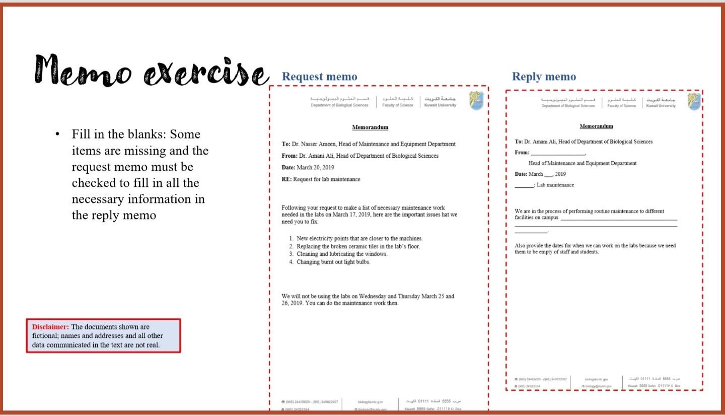Solved Memo exercise Request memo Reply memo قسم العلوم | Chegg.com
