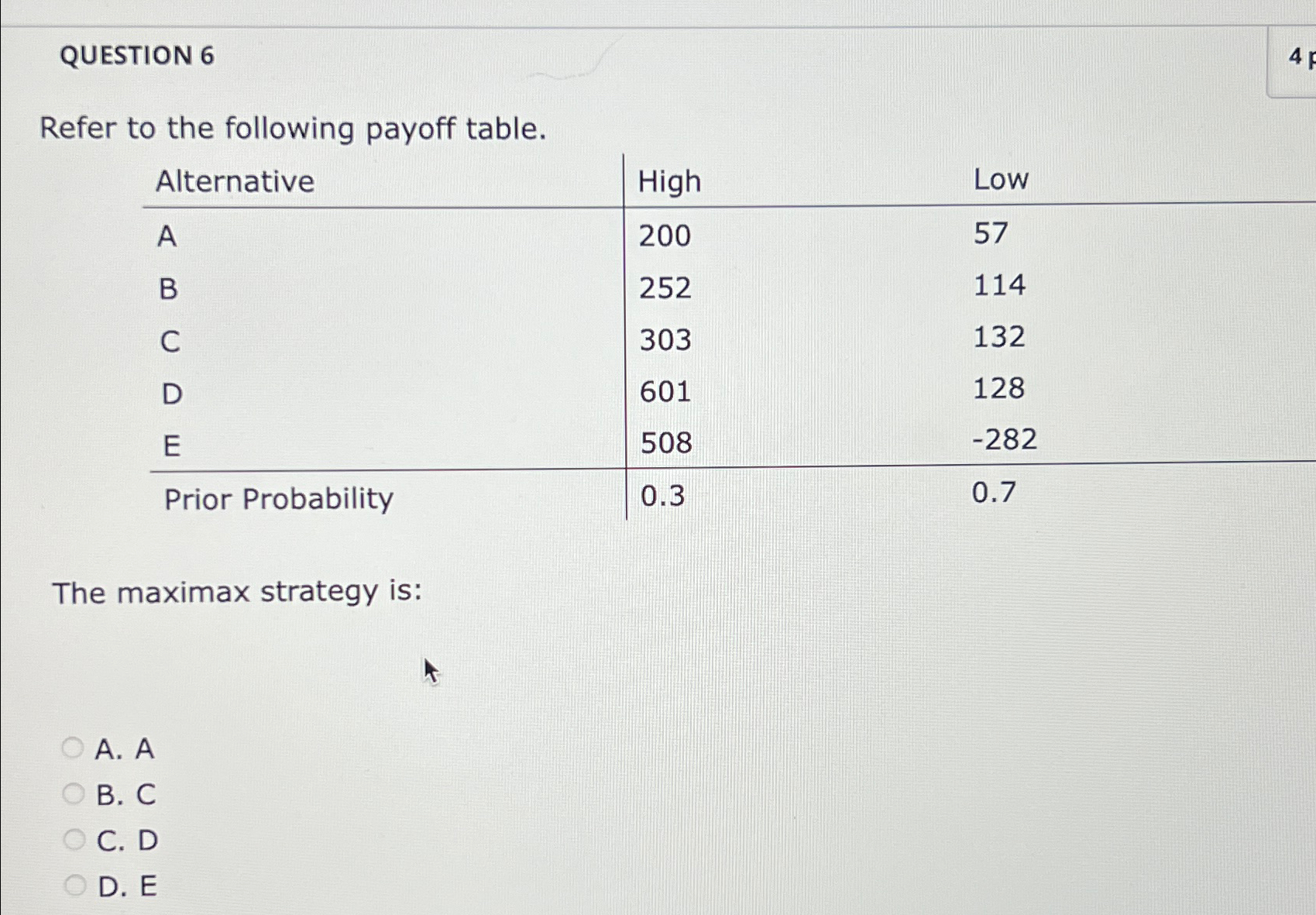 Solved QUESTION 6Refer to the following payoff | Chegg.com