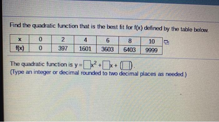 Solved Find the quadratic function that is the best fit for | Chegg.com