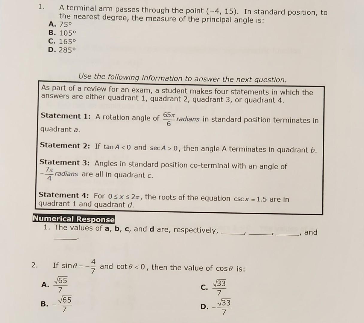 Solved 1. A terminal arm passes through the point (−4,15). | Chegg.com