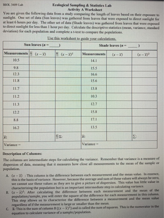 Solved BIOL 3409 Lab Ecological Sampling & Statistics Lab | Chegg.com