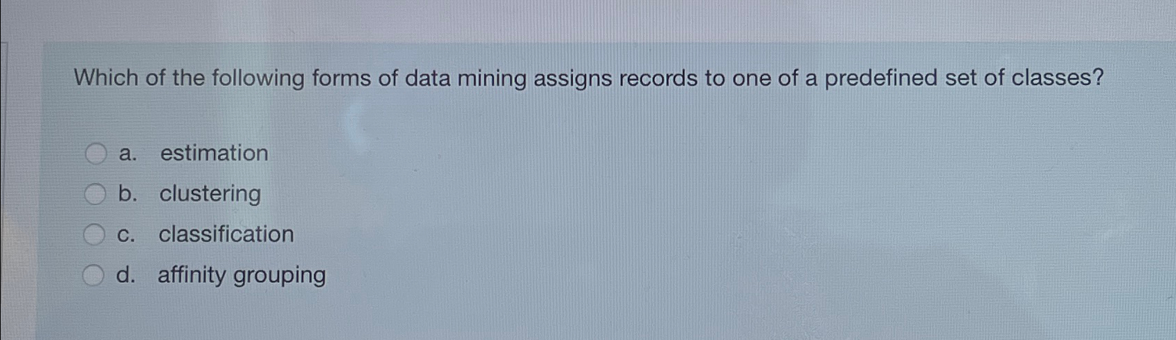Solved Which of the following forms of data mining assigns | Chegg.com