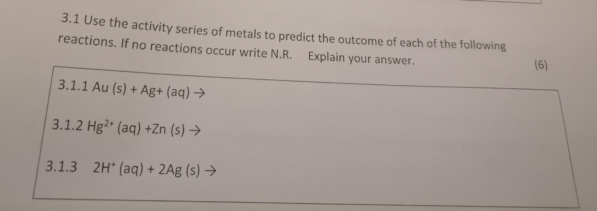 Solved 3.1 Use the activity series of metals to predict the | Chegg.com