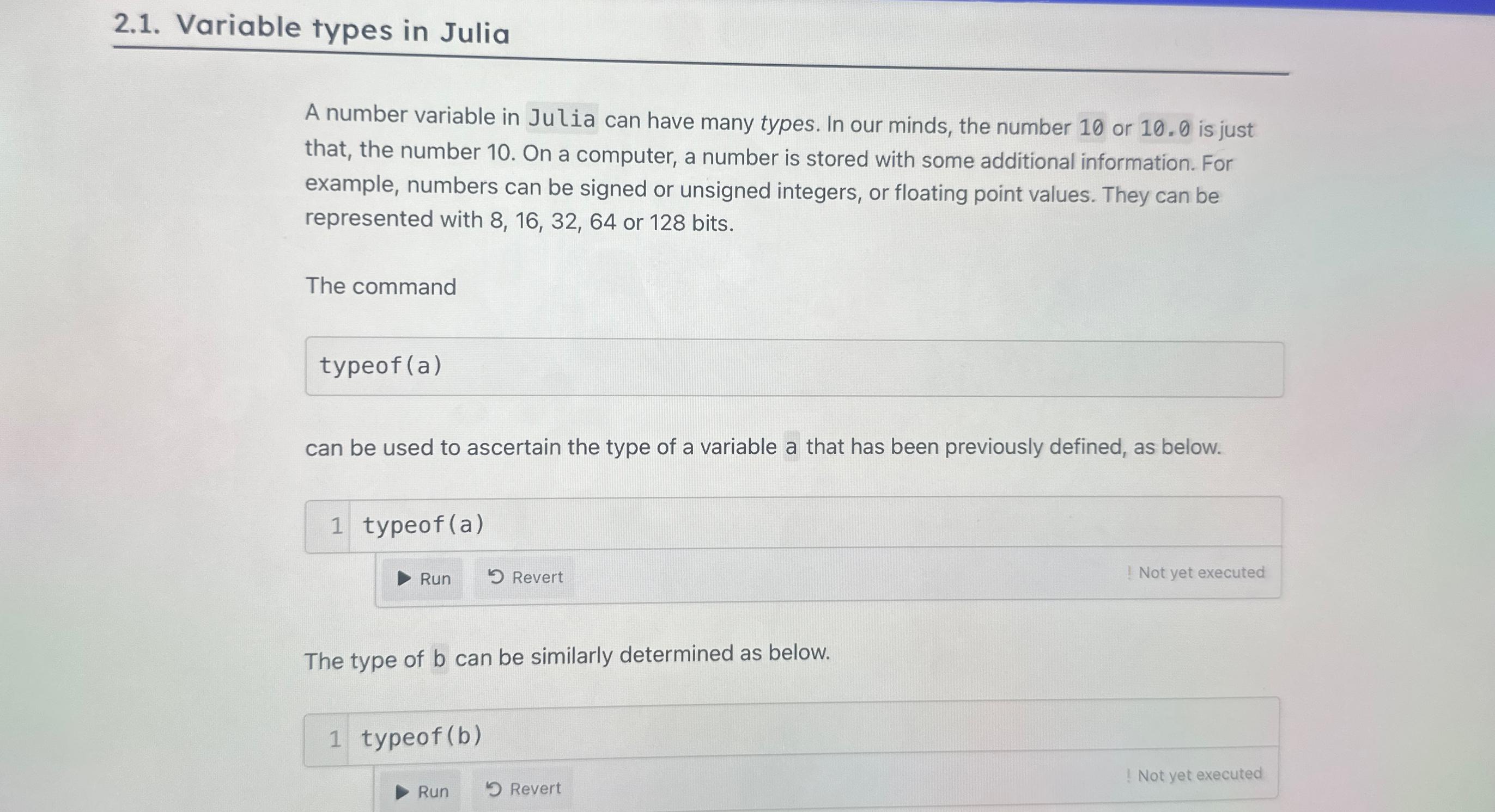 Solved 2.1. ﻿Variable types in JuliaA number variable in | Chegg.com