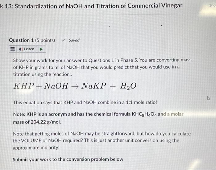 Solved k 13: Standardization of NaOH and Titration of | Chegg.com