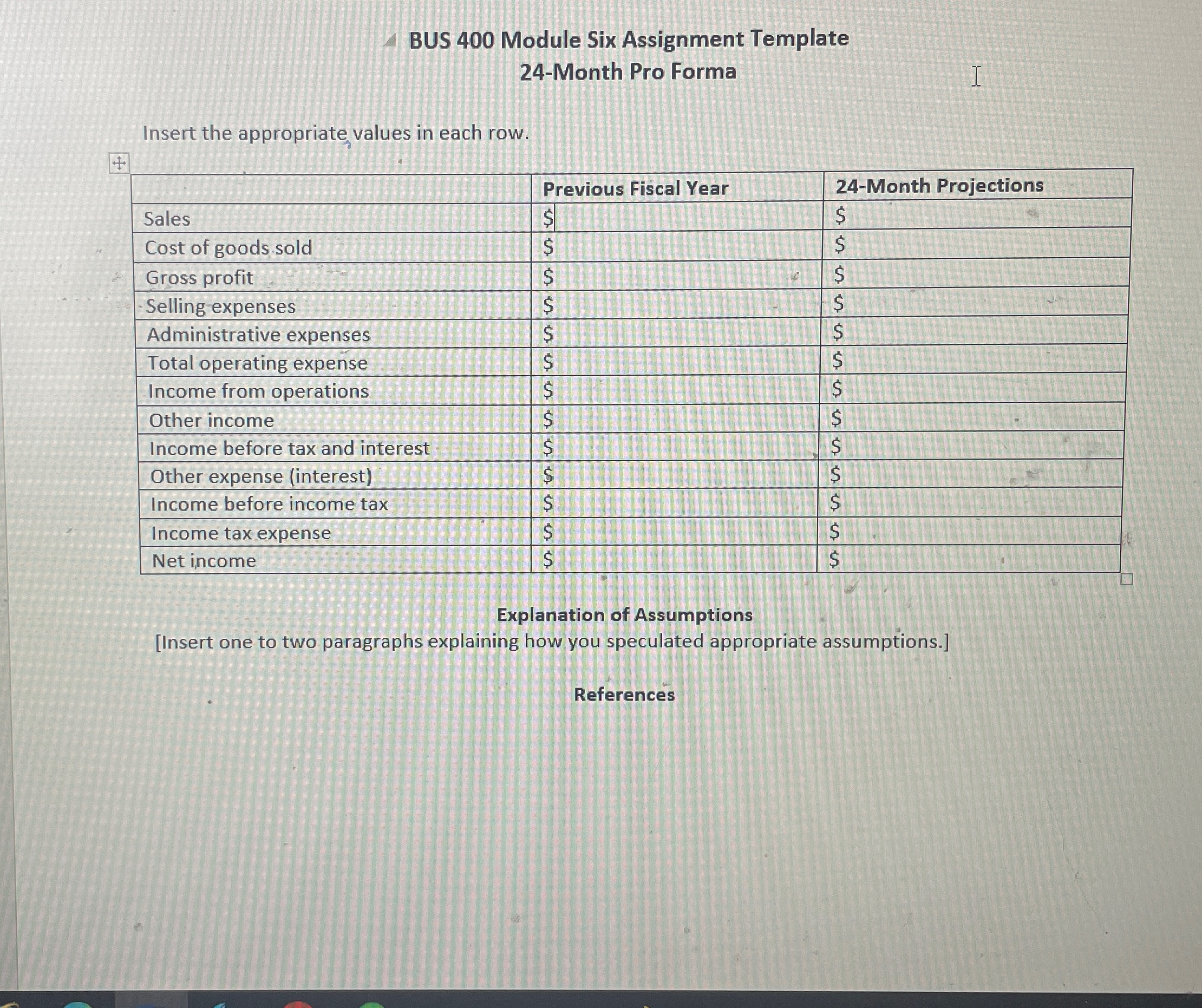 BUS 400 ﻿Module Six Assignment Template24-Month Pro | Chegg.com
