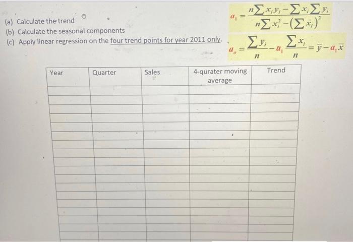 Solved (a) Calculate the trend a1=n∑xi2−(∑xi)2n∑xiyi−∑xi∑yi | Chegg.com