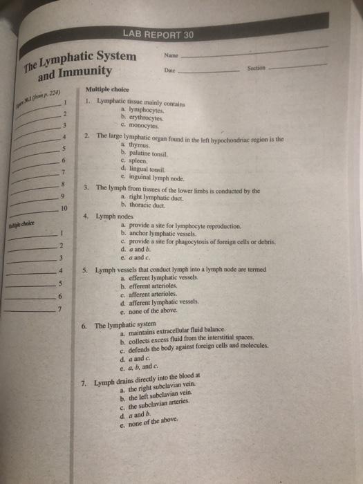 Solved The Lymphatic System LAB REPORT 30 Nume Dale Section | Chegg.com