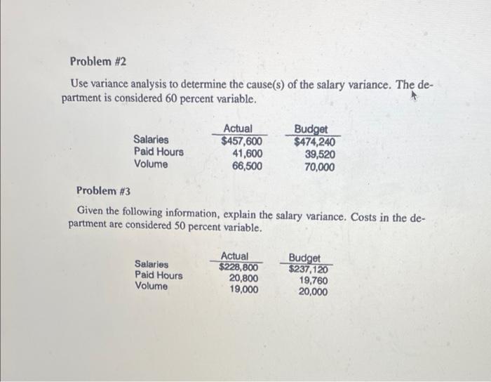 Solved Problem #2 Use variance analysis to determine the | Chegg.com